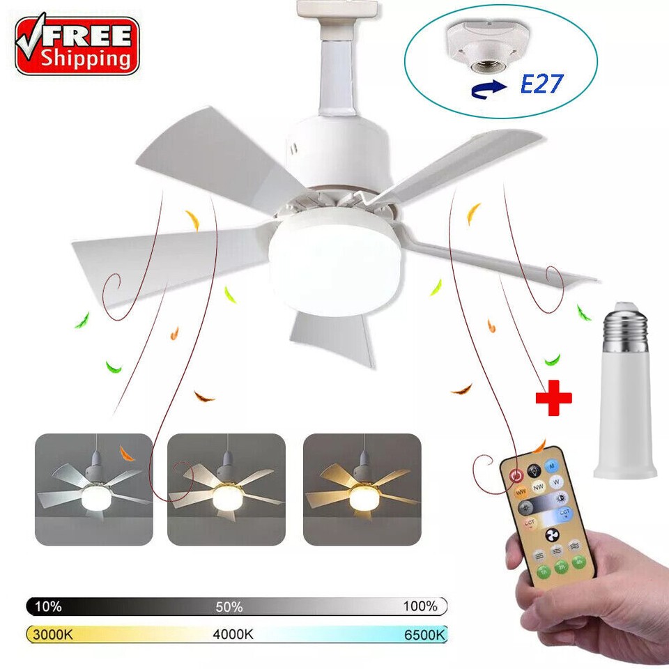 Small Ceiling Fan E27 Socket Fans 30W with Dimmable LED Lights Remote ...