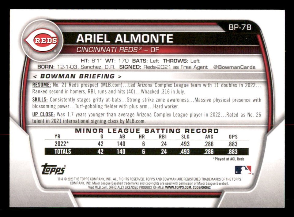2023 Bowman Prospects #BP-78 Ariel Almonte Cincinnati Reds | eBay