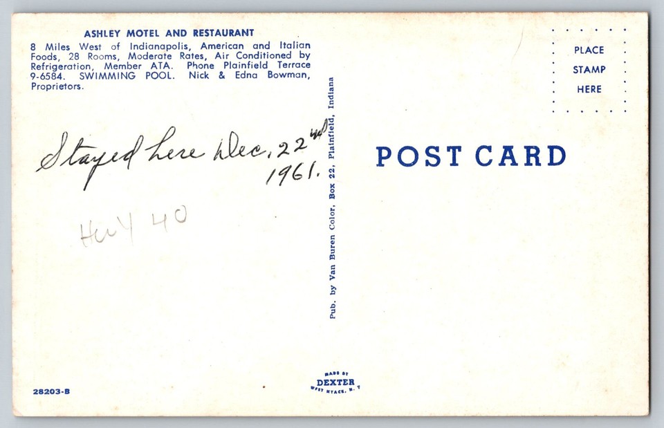 Postcard Ashley Motel & Restaurant - Indianapolis Indiana - Chrome | eBay
