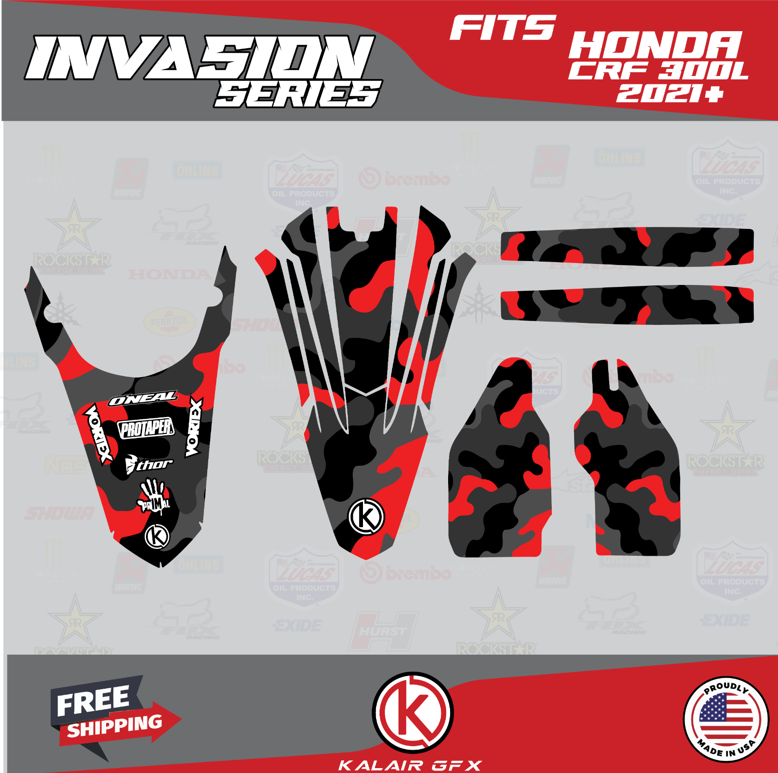 Graphics Kit for Honda CRF300L CRF 300L 2021+ Invasion Series - Red | eBay