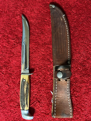 VTG CASE STAG HANDLE FIXED 5 FINN HUNTER KNIFE 1940-65 w/ SHEATH USA ...