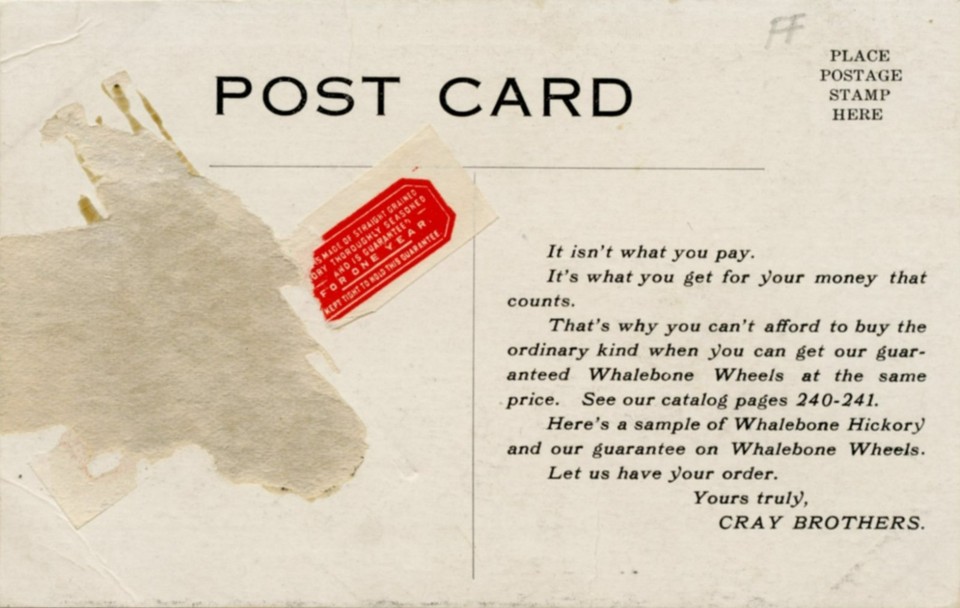 POSTCARD - THE CRAY BROTHERS, CLEVELAND, OHIO - "A VIEW OF OUR WHEEL ...