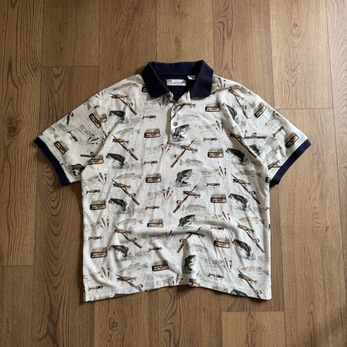 Vintage Fishing Bass Golf Cream Mens Large Polo 90s Boxy Rod Lure | eBay