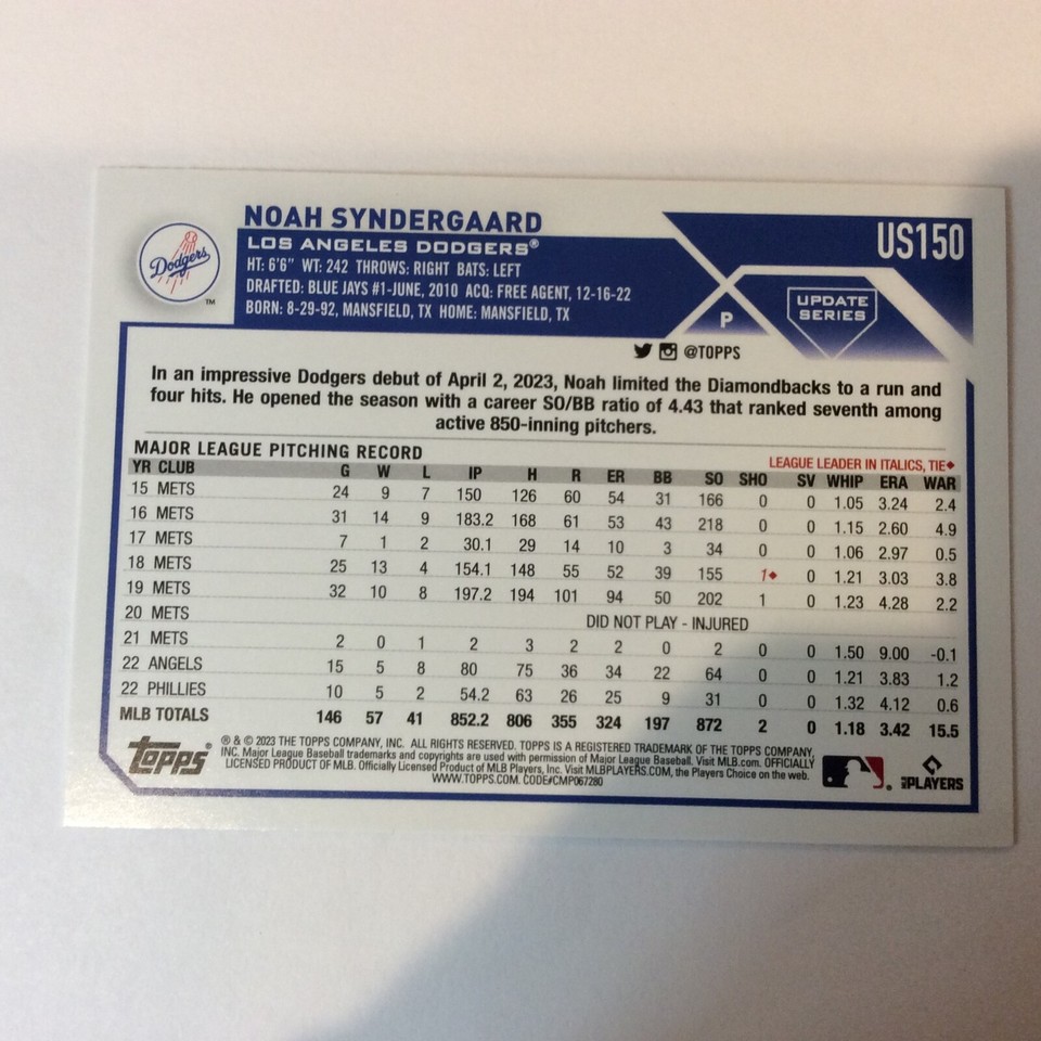 2023 Topps Update US150 Noah Syndergaard Los Angeles Dodgers Rainbow ...