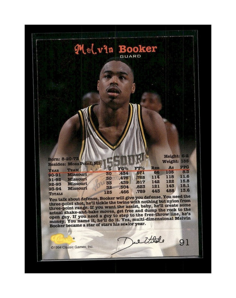 1994-95 Classic #91 Melvin Booker RC Missouri Tigers Rookie Basketball ...