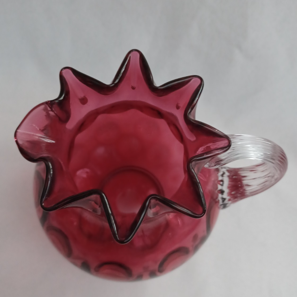 Fenton Glass Cranberry Coin Optic Pitcher Star Rim Reeded Handle 6.25 ...