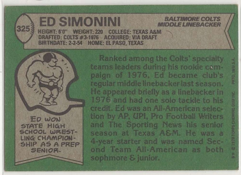 ED SIMONINI 1978 Topps #325 Colts ID:6574 | eBay