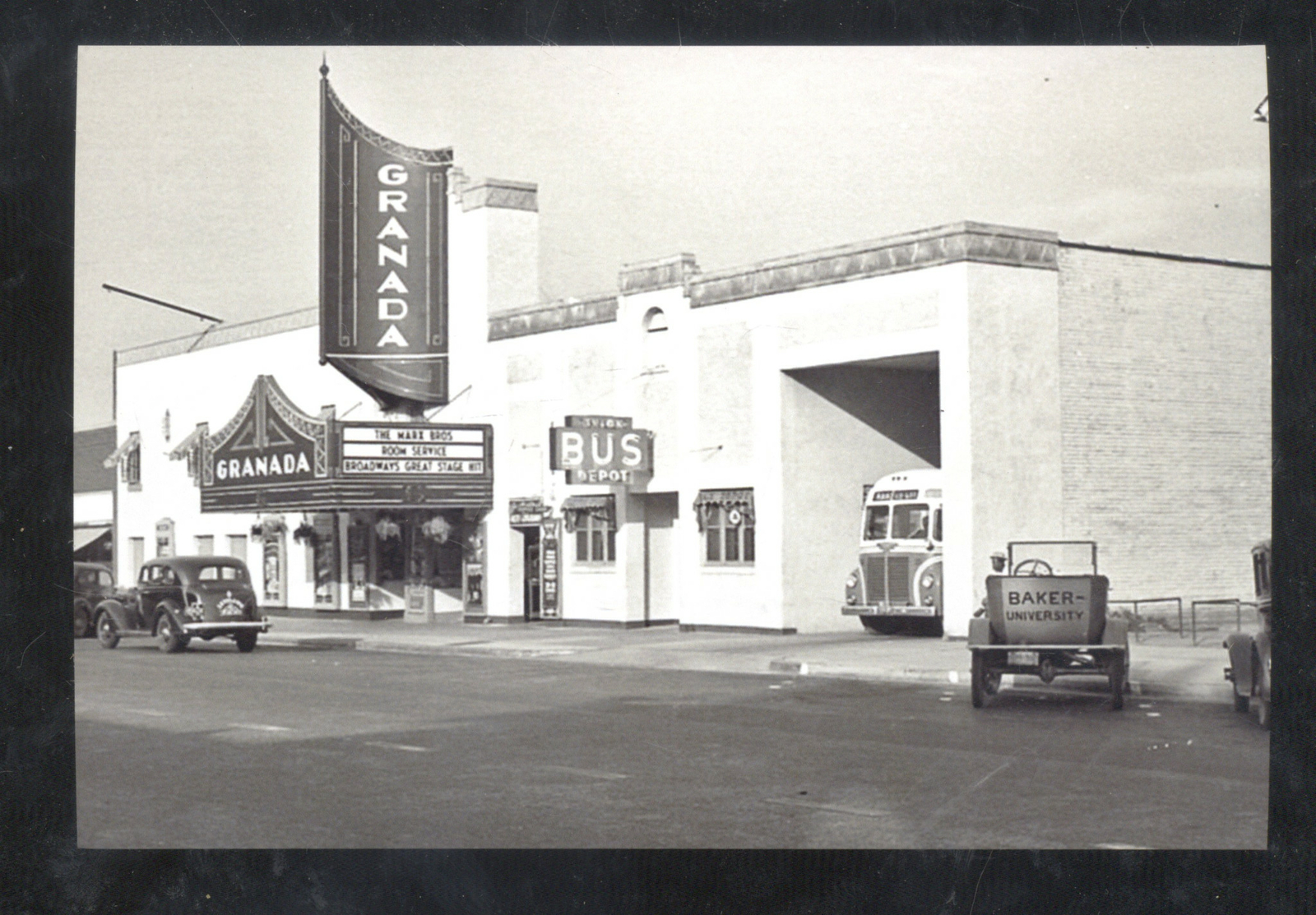 REAL PHOTO LAWRENCE KANSAS GRANADA THEATRE OLD CARS BUS POSTCARD COPY ...