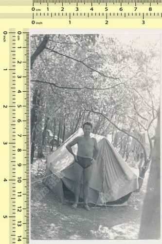 147 Shirtless Man in Trunks Bulge Camp Camping Tent Guy vintage photo ...