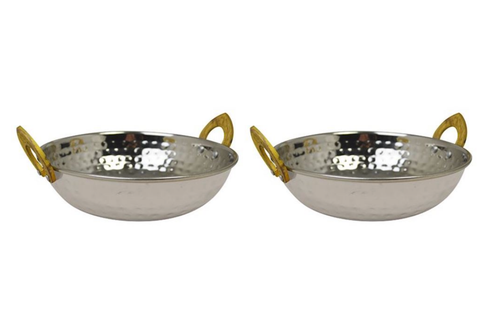 2 PACK Kadai Serving Dish Stainless Steel Balti Brass Handle Curry 13cm ...