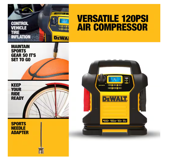 DEWALT 1600 Peak Amp Jump Starter with Digital Compressor and USB Power ...