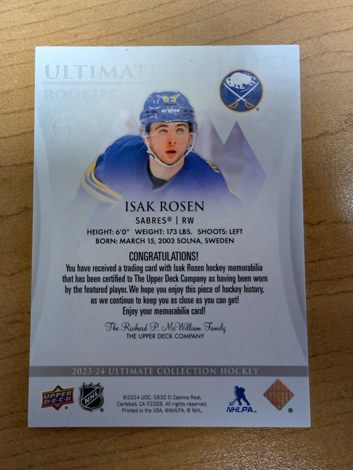 23-24 Ultimate Collection - Ultimate Rookies Isak Rosen #186 Yellow ...