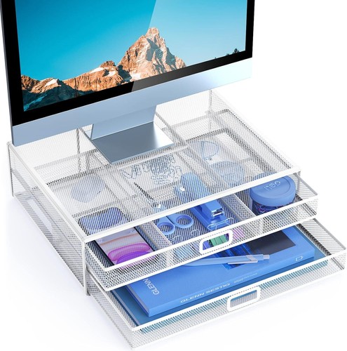 Monitor Stand Riser with Drawer - Mesh Metal Desk Organizer with ...