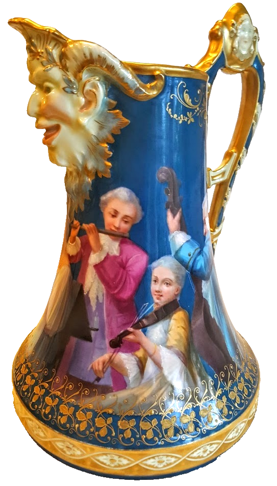 THE BEST HAND PAINTED PITCHER WITH DANCE SCENE, MUSICIANS, SATYR HEAD ...