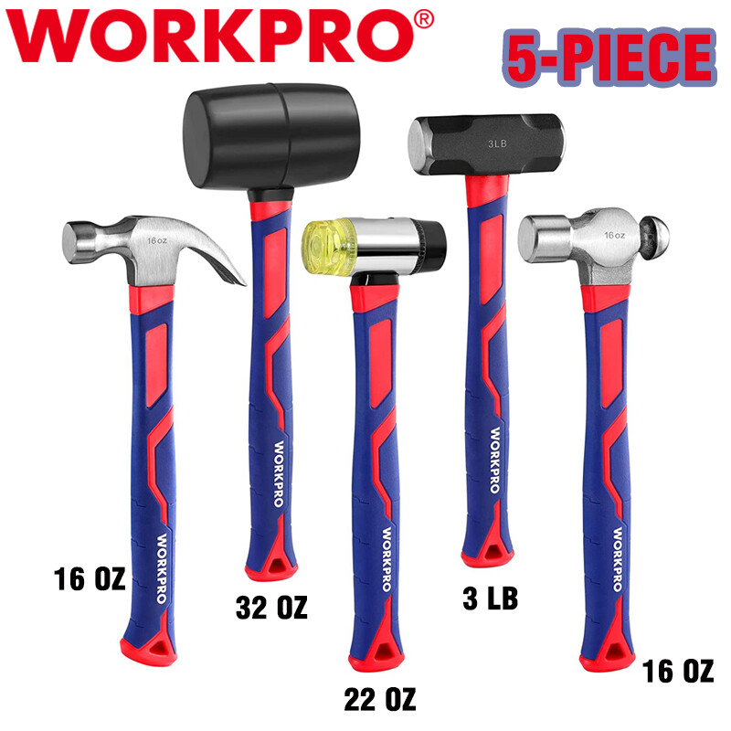 WORKPRO Hammer Set 5PC 16oz Claw Hammer 32oz Rubber Mallet 3lb Sledge Hammer Set | eBay