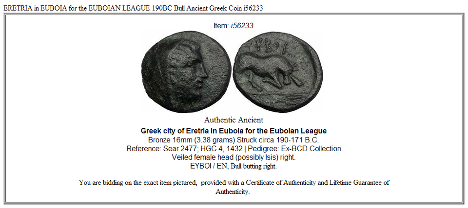 ERETRIA in EUBOIA for the EUBOIAN LEAGUE 190BC Bull Ancient Greek Coin ...