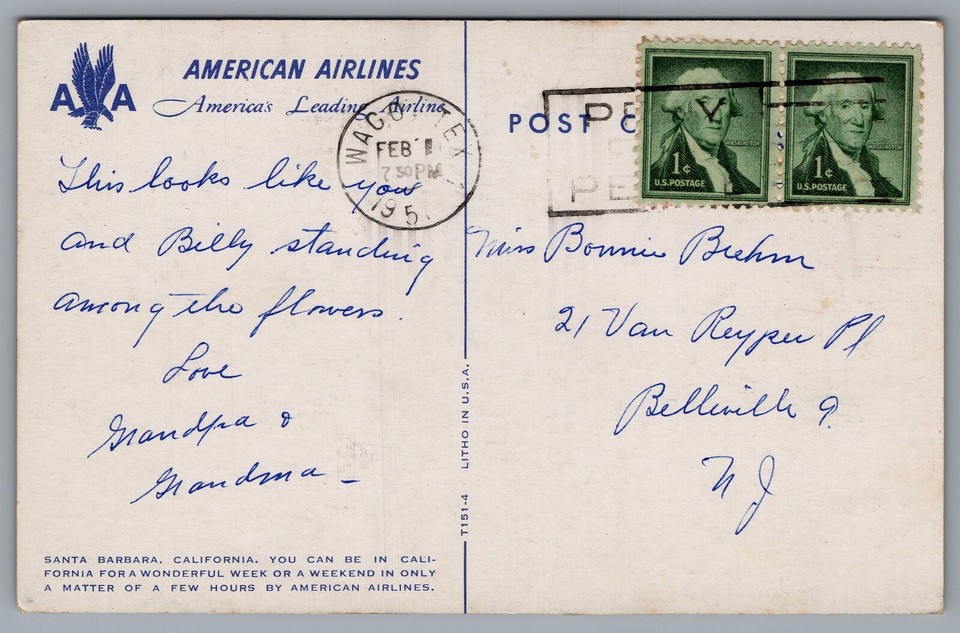 1951 American Airlines Santa Barbara California Postcard, Photo #2338 ...