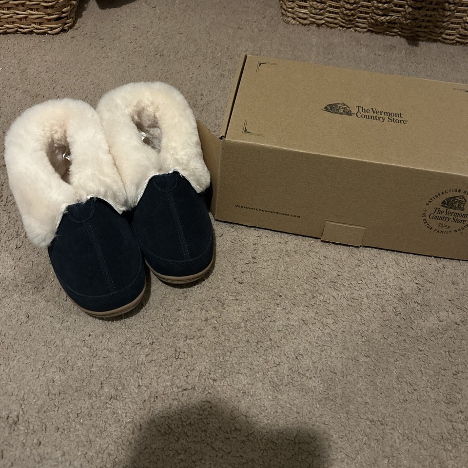 NIB Vermont Country Store Women's Navy Sheepskin Cuffed Slipper Bootie ...