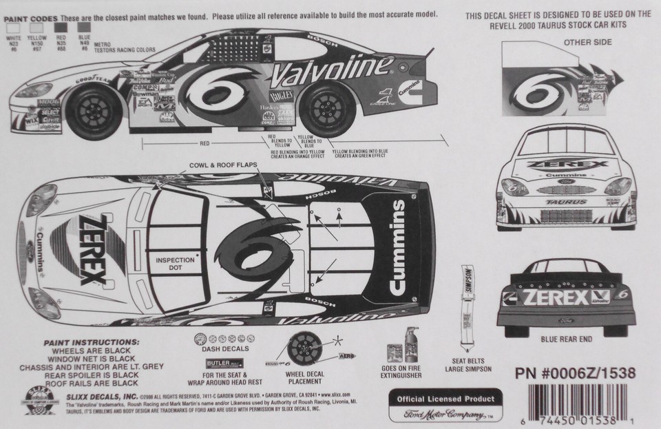 NASCAR DECAL # 6 VALVOLINE ZEREX 2000 FORD TAURUS MARK MARTIN SLIXX 1/ ...