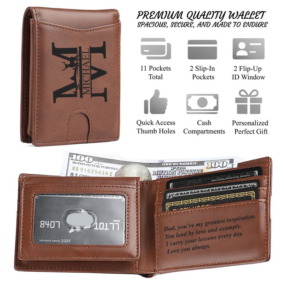 Custom RFID Blocking PU Leather Wallet - Personalized Engraved Bifold ...