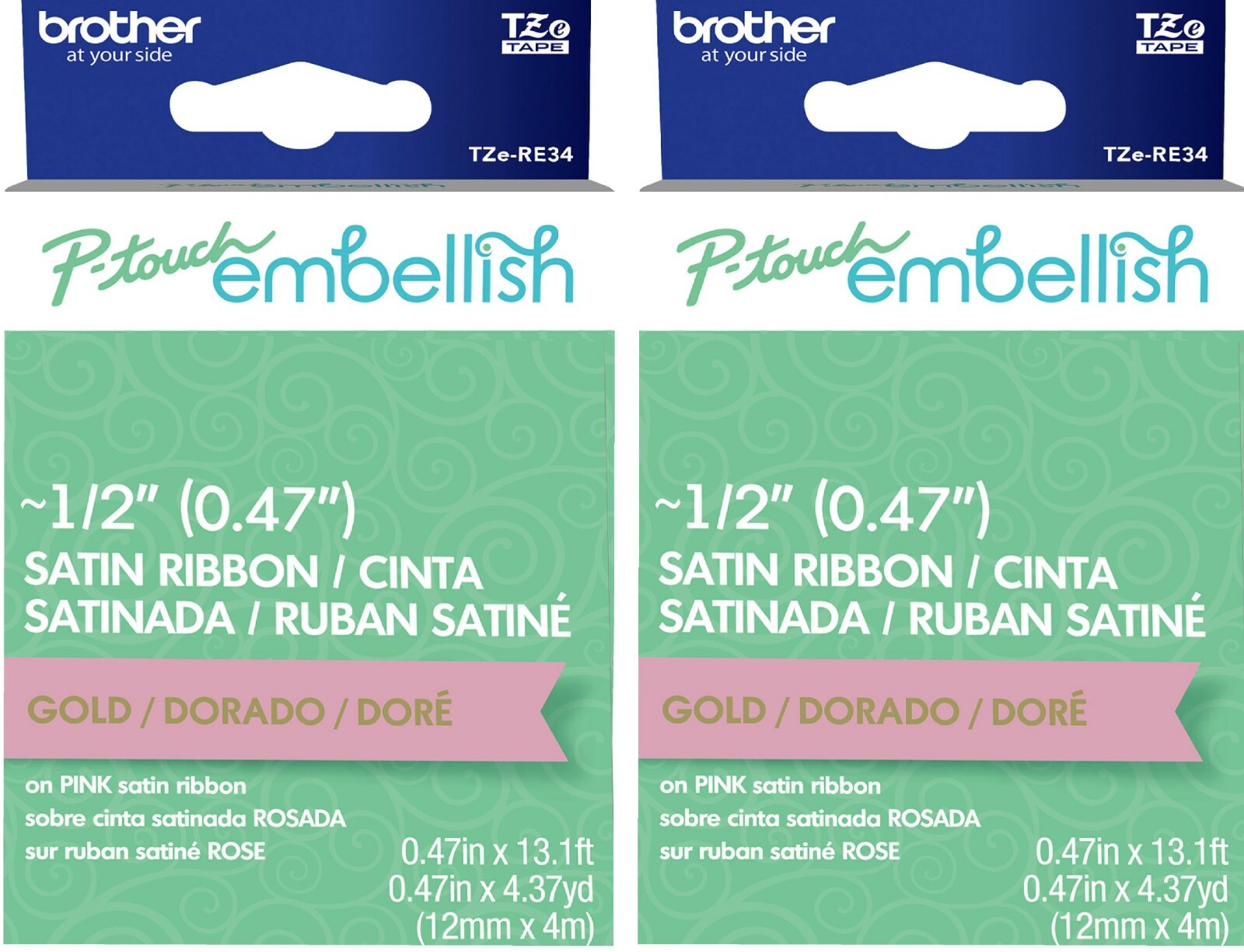 Brother P-Touch Embellish Satin Ribbon Gold On Pink R234 (LOT OF 2) | eBay