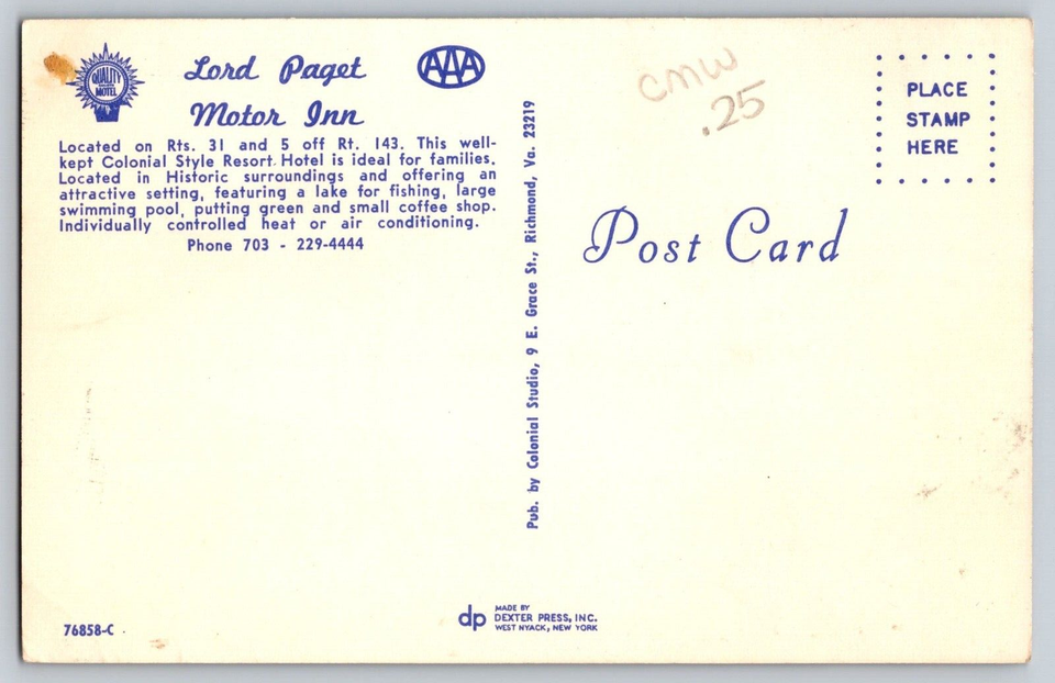 Postcard Lord Paget Motor Inn Williamsburg Virginia Swimming Pool | eBay