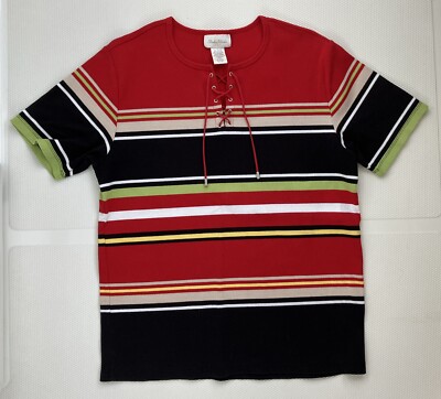 Studio Works Women's Top Black Red White Tan Lime Yellow Striped Size ...
