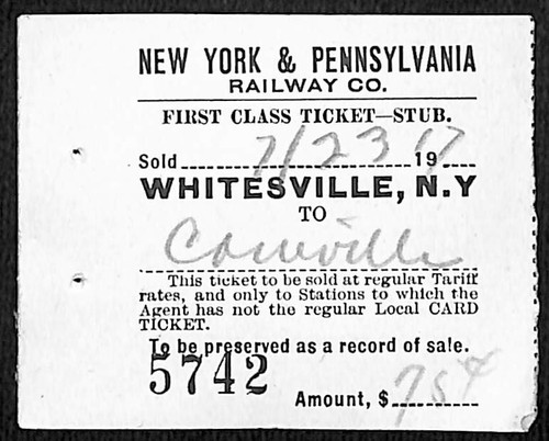 New York & Pennsylvania Ry 1917 Whitesville, NY First Class Ticket Stub ...