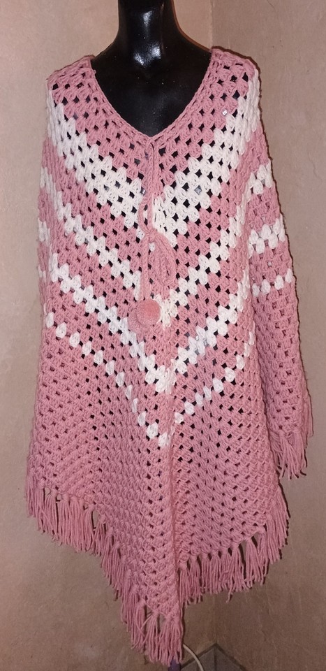 Vintage Crochet Poncho Handmade Pink White Hippie Boho Cottage Prairie ...