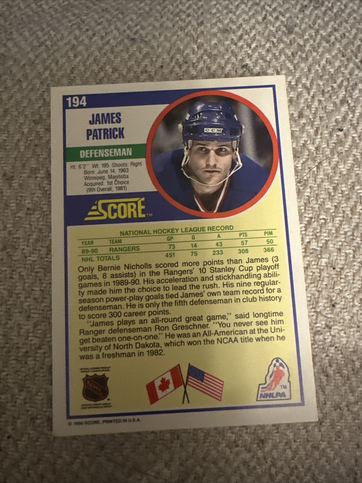 1990-91 Score Hockey Card James Patrick New York Rangers #194 | eBay