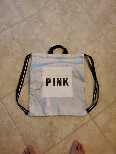 Victoria's Secret PINK Backpack Iridescent Silver Drawstring Logo Bag Tote New | eBay