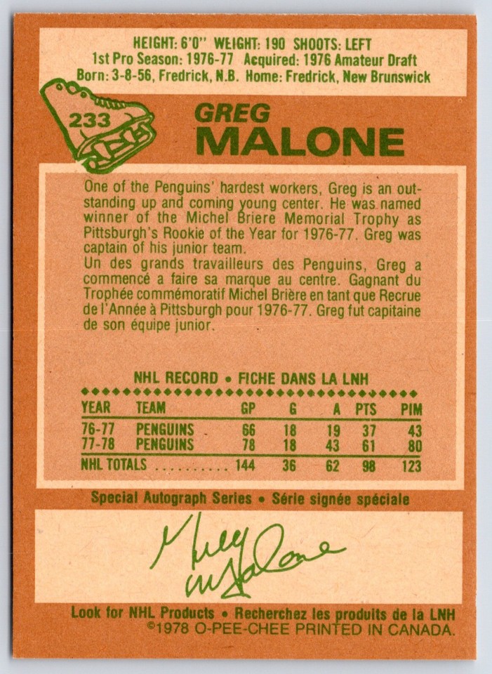 GREG MALONE RC 1978-79 O-PEE-CHEE 78-79 NO 233 NRMINT+ 31739 | eBay