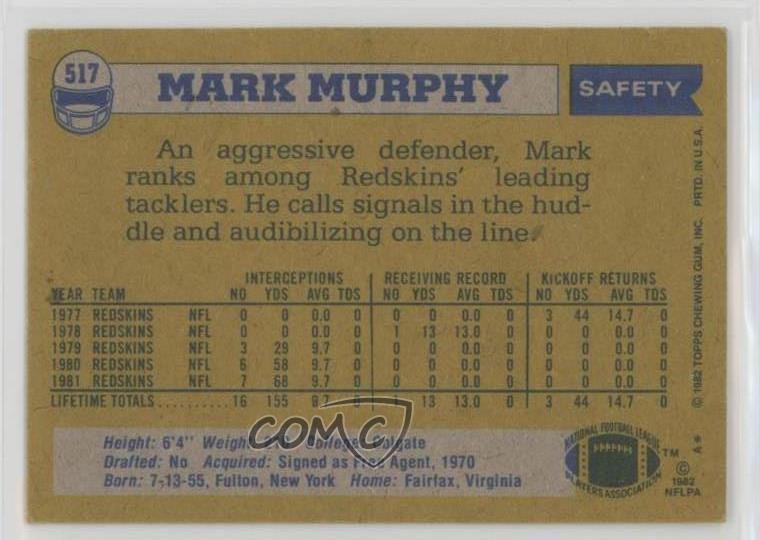 1982 Topps Mark Murphy Mark H Murphy #517 | eBay