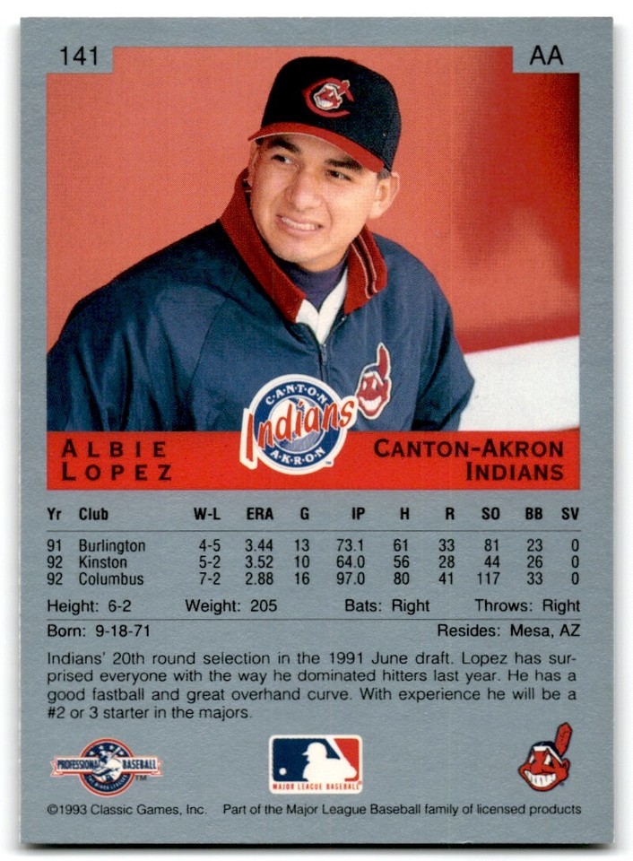 1993 Classic Best Albie Lopez Canton-Akron Indians #141 | eBay