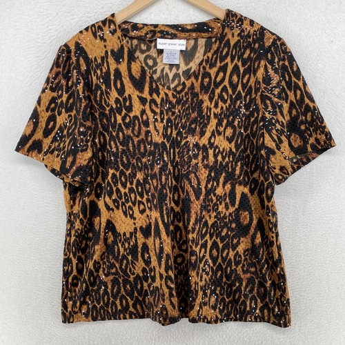 SUSAN GRAVER Top L V-Neck Leopard Sparkling Sequin Stretch Short Sleeve ...