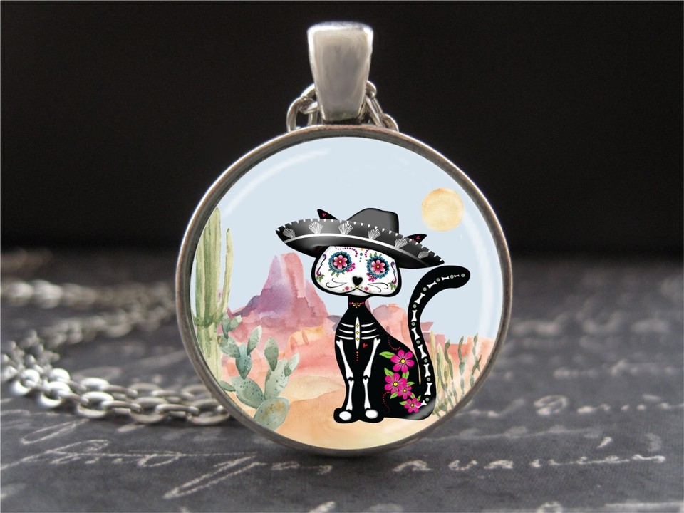 Day of the Dead Necklace Calavera Sugar Skull Kitty Cat Dia de Muertos ...