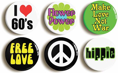 6 x SIXTIES HIPPIE BADGES BUTTONS (1inch/25mm diameter) FLOWER POWER ...