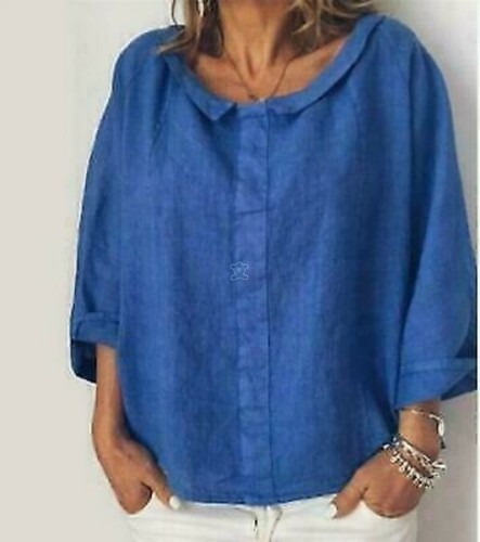 Womens Flax Linen COMFY Long Sleeve Tops Pullover Blouses Collar Summer ...