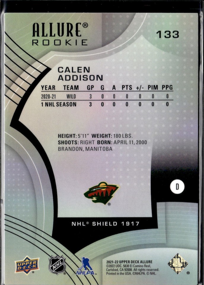 2021 Allure #133 Calen Addison NHL Shield | eBay