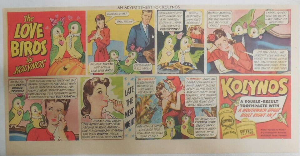Kolynos Toothpaste Ad: The Lovebirds by Kolynos ! from 1940's 7.5 x 15 ...