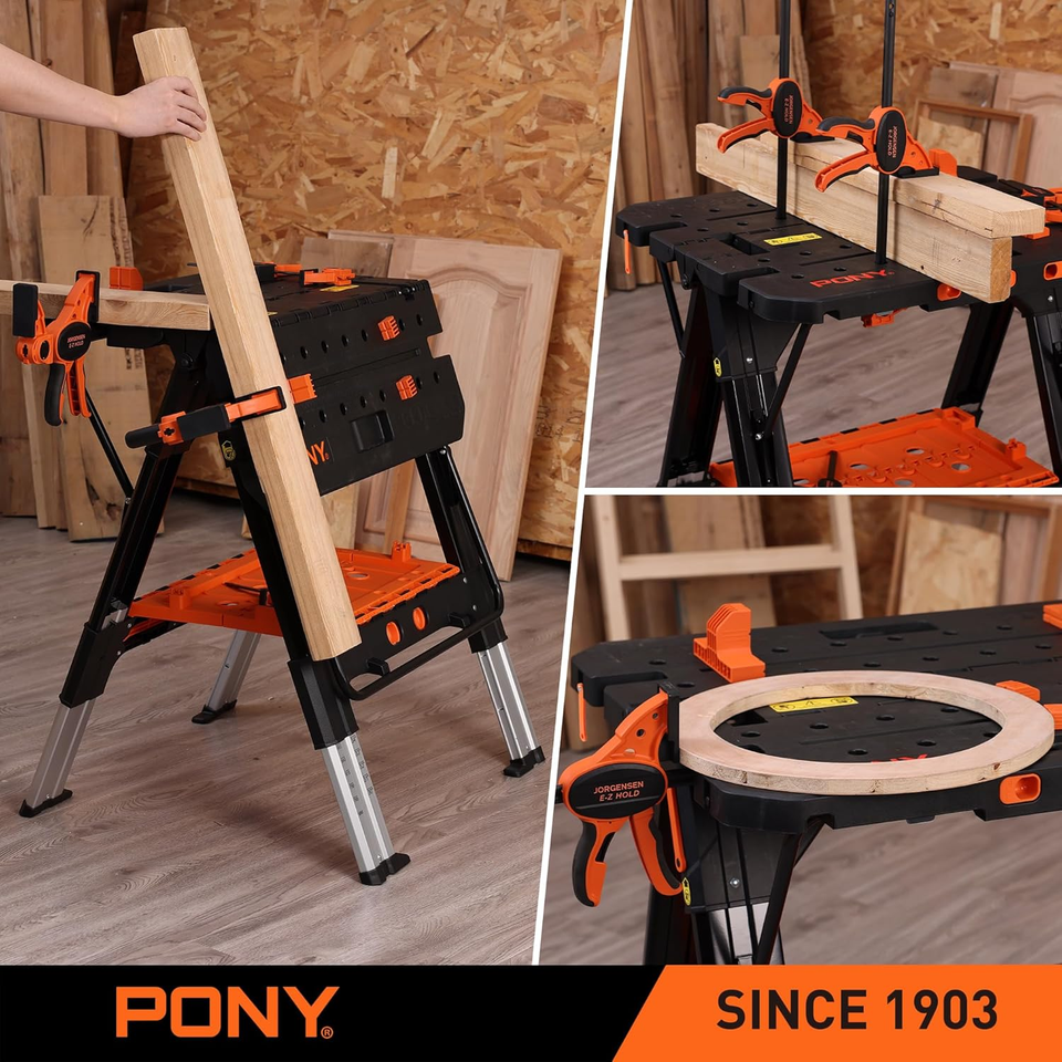Pony Portable Folding Work Table, 2-In-1 as Sawhorse & Workbench, 31” W ...