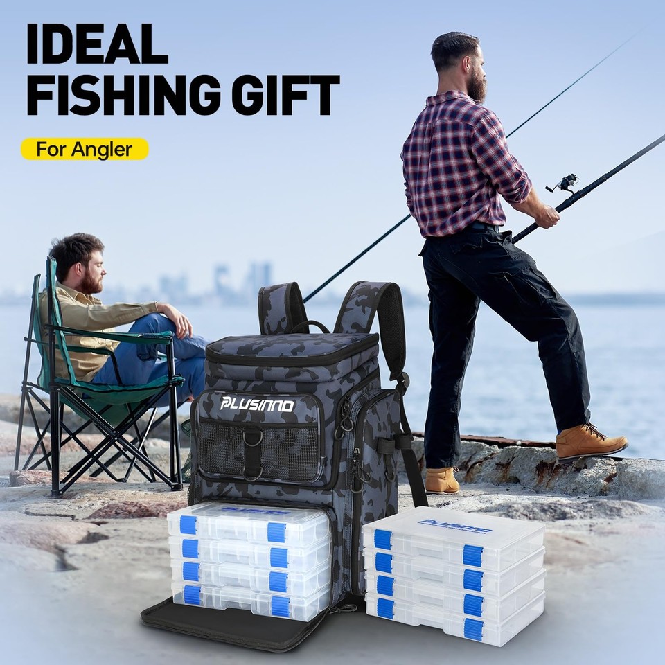 PLUSINNO Fishing Backpack with Rod Holders 4 Tackle Boxes 42L Large | eBay