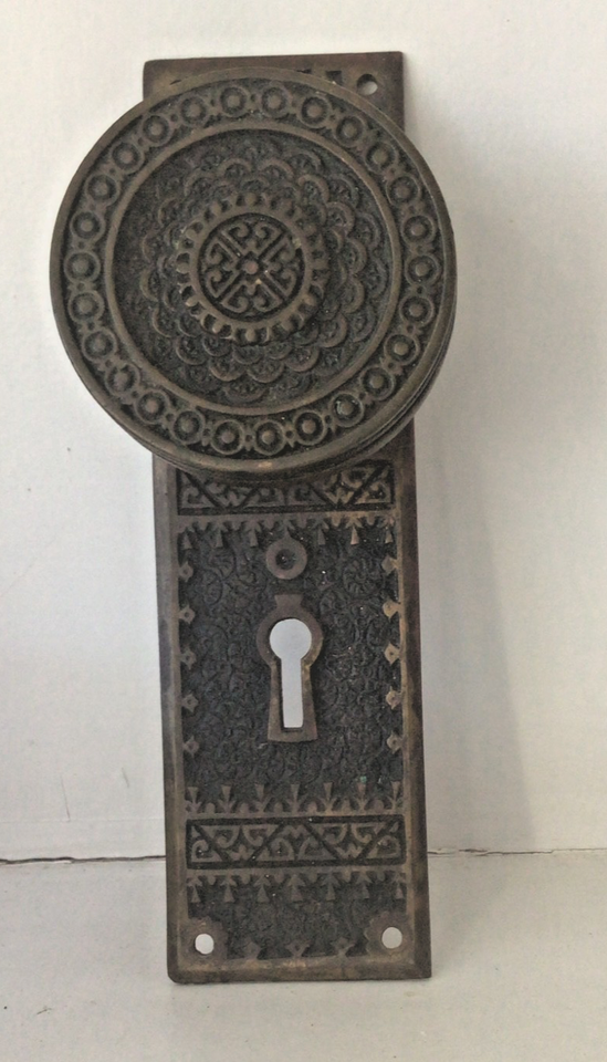 Antique P&F Corbin Brocade patterned doorknob & cast bronze door plate ...