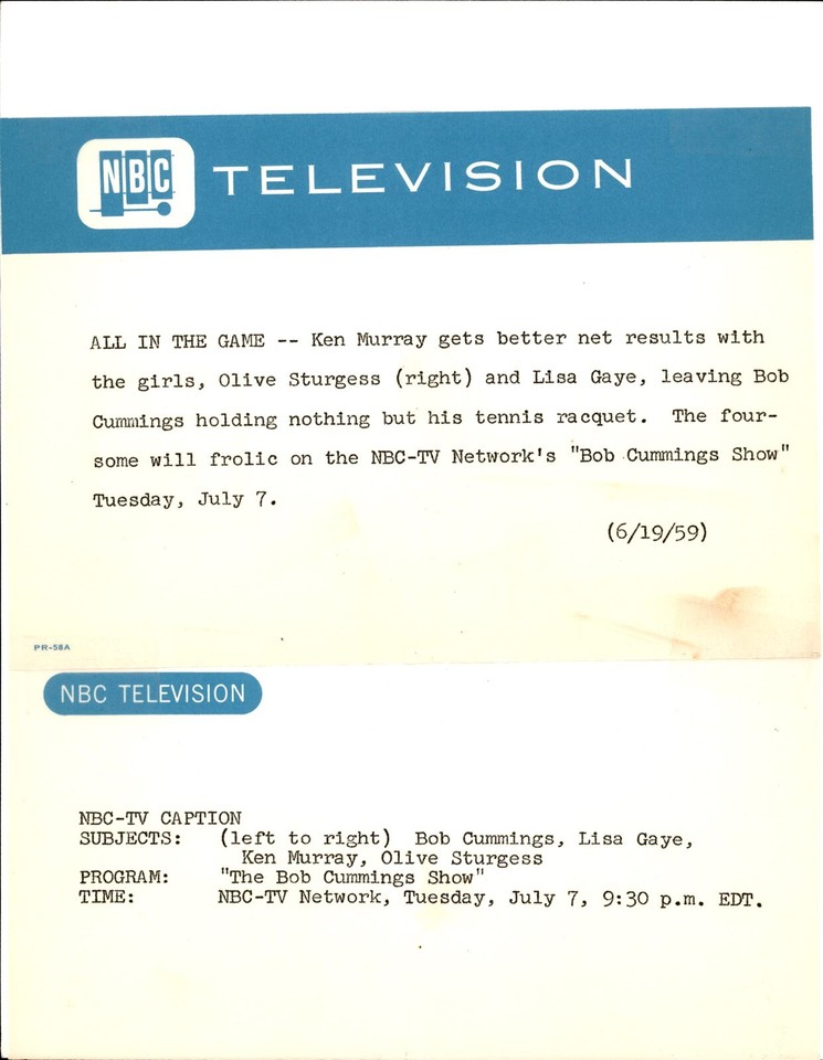 BR47 1959 Rare Original Photo BOB CUMMINGS SHOW Lisa Gaye Ken Murray Sturgess | eBay