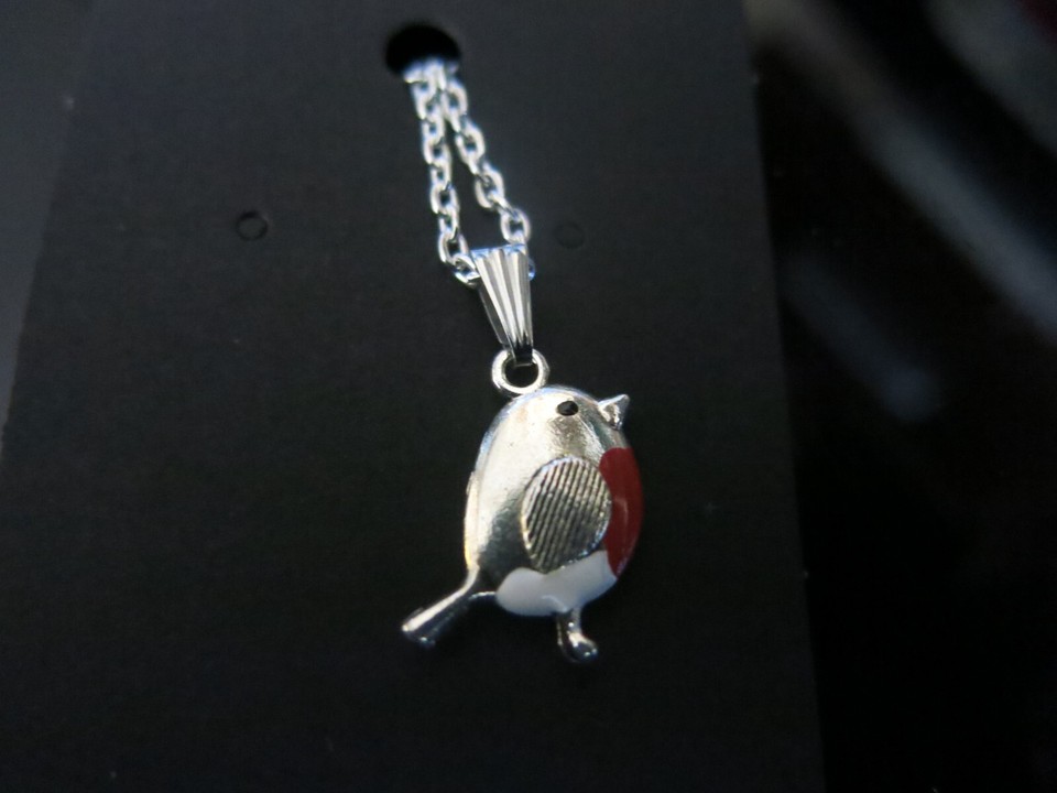 silver plated red/white crested enamelled robin bird pendant + gift bag ...