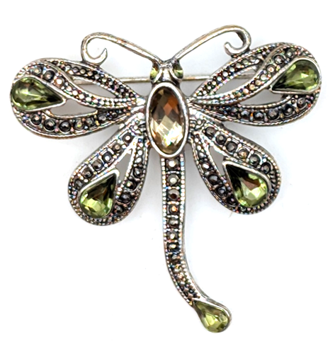 Vintage FAF Silver Brooch Pin Dragonfly Marcasite Green Crystals Free ...