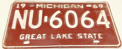1969 ORIGINAL AUTHENTIC MICHIGAN LICENSE PLATE NU-6064 GREAT LAKE STATE ...