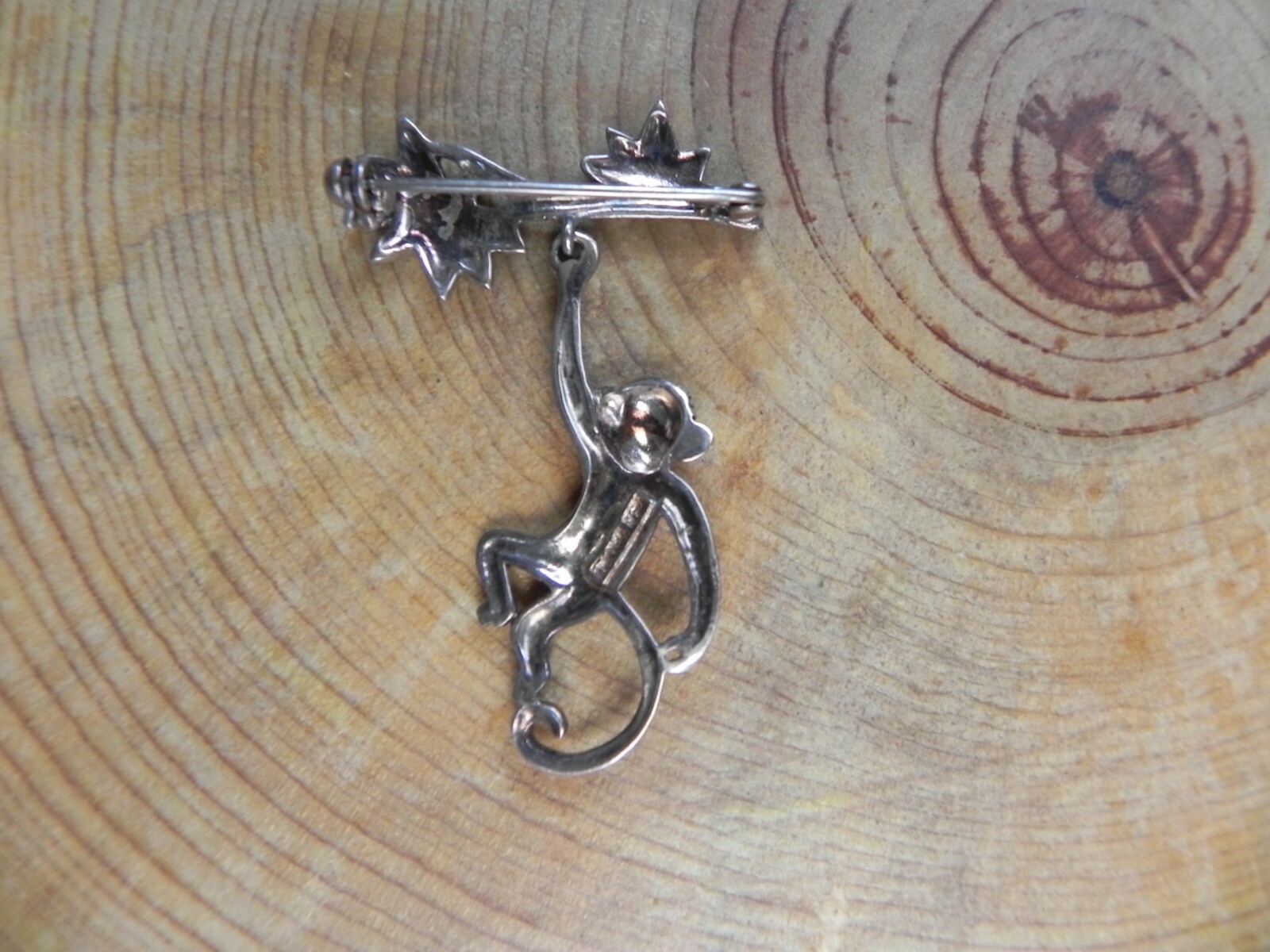 Sterling Silver, Green & Orange Enamel & Marcasite Swinging MONKEY PIN ...