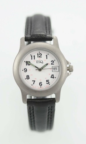 ESQ Watch Womens Stainless Silver Black Leather Date 24hr Battery White ...