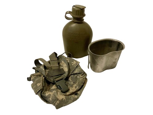 US Military 3 Pc 1 QUART CANTEEN SET w MOLLE ACU Cover & USGI Stainless ...
